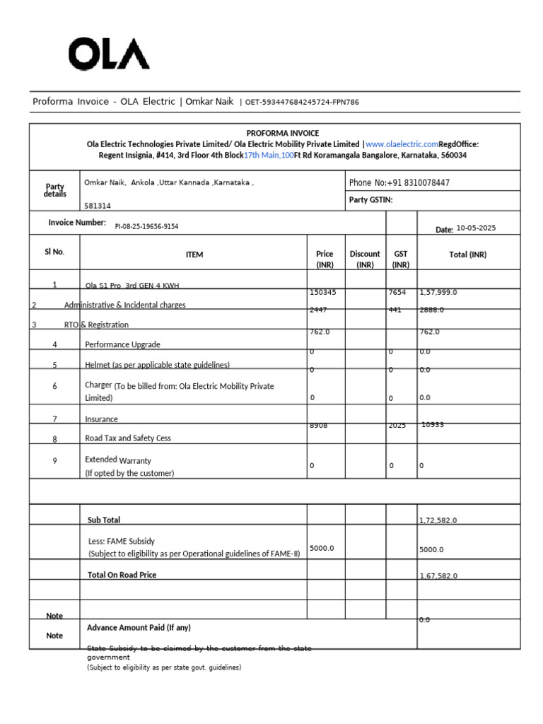 Proforma Invoice for Ola S1 Pro | PDF | Invoice | Receipt