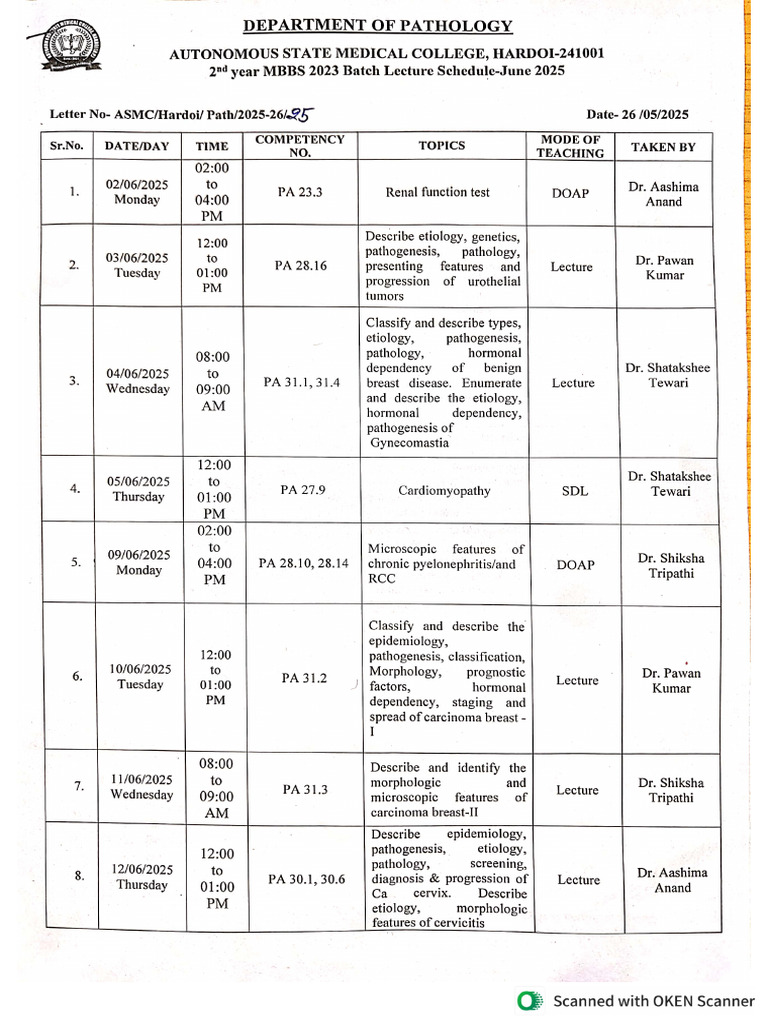 2nd Year MBBS 2023 Batch Lecture Schedule June 2025 | PDF