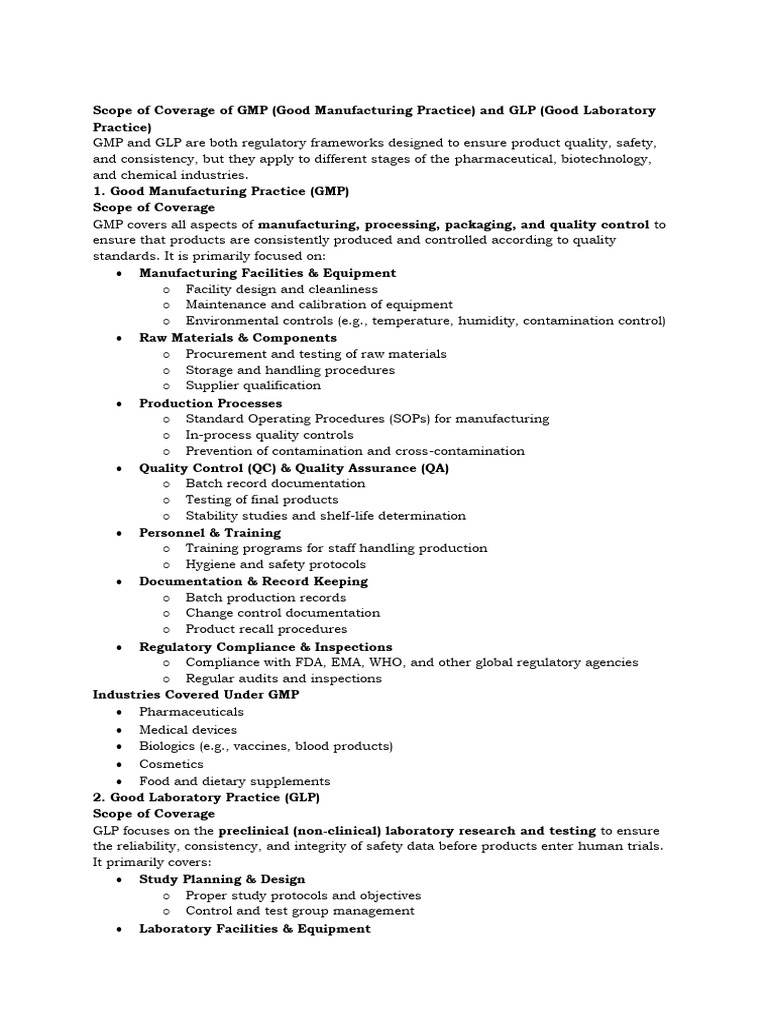 GMP and GLP Compliance Overview | PDF | Food And Drug Administration