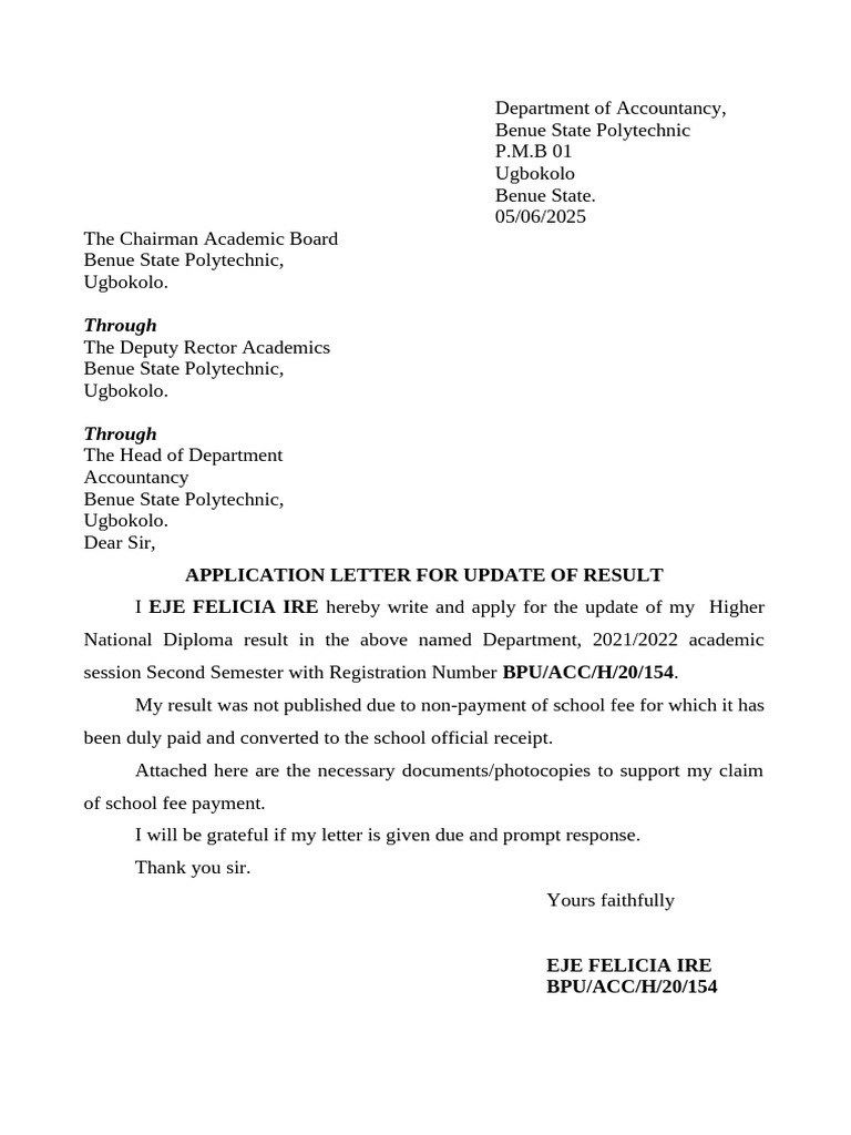 Application Letter For Update of Result | PDF