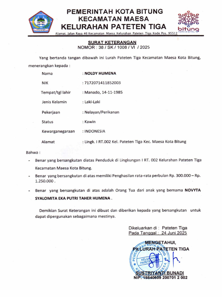 Surat Keterangan Penghasilan Dari Kelurahan | PDF