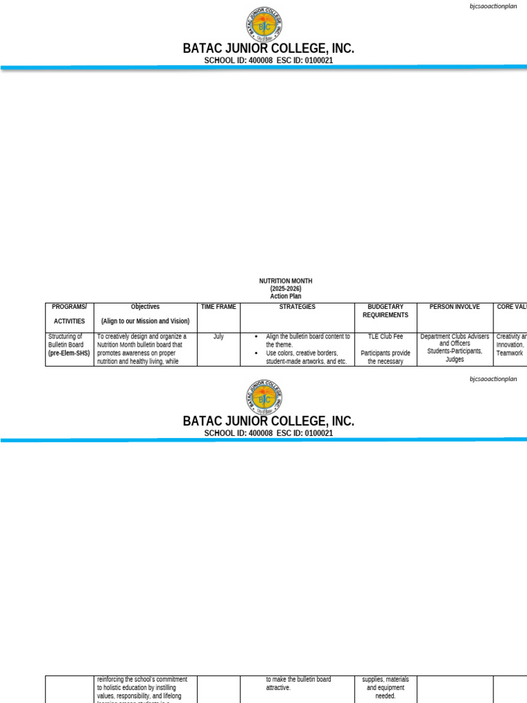 NUTRITION MONTH-ACTION PLAN For School Year 2025-2026 | PDF | Learning ...