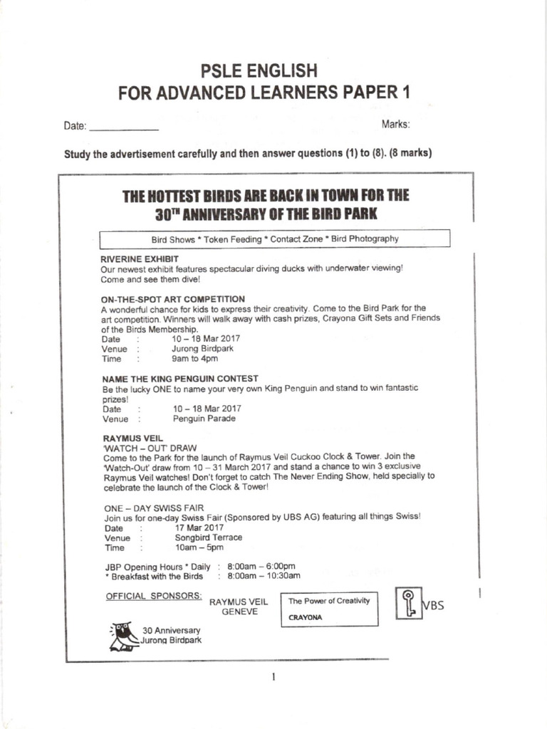 Psle English Paper Set 1 | PDF