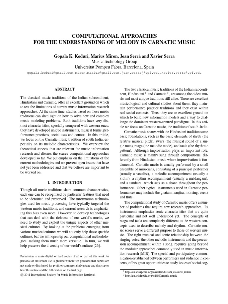 Computational Analysis of Carnatic Melody | PDF | Musicology