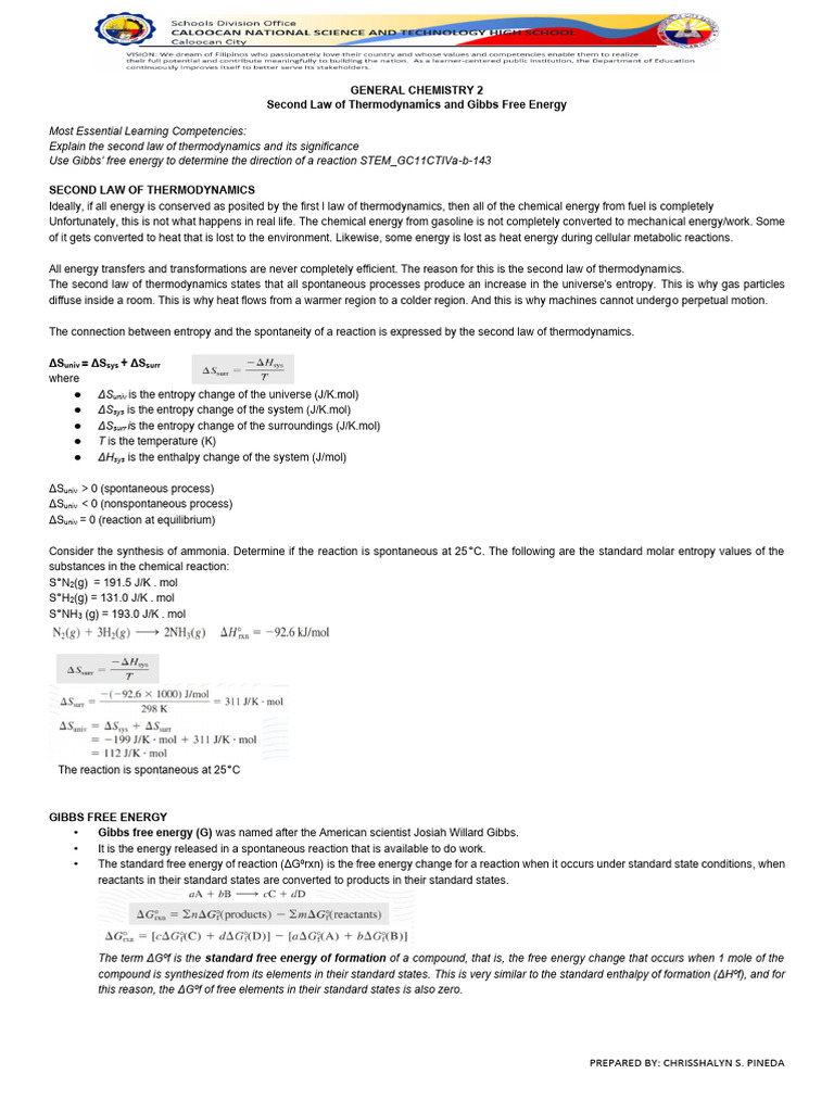 Q4W5 Handout GC2 Second Law of Thermodynamics and Intro To Gibbs Free Energy | PDF | Laws Of ...