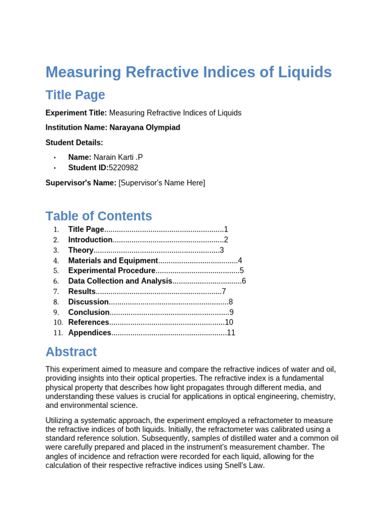 Measuring Refractive Indices of Liquids 2 | PDF | Refractive Index | Refraction