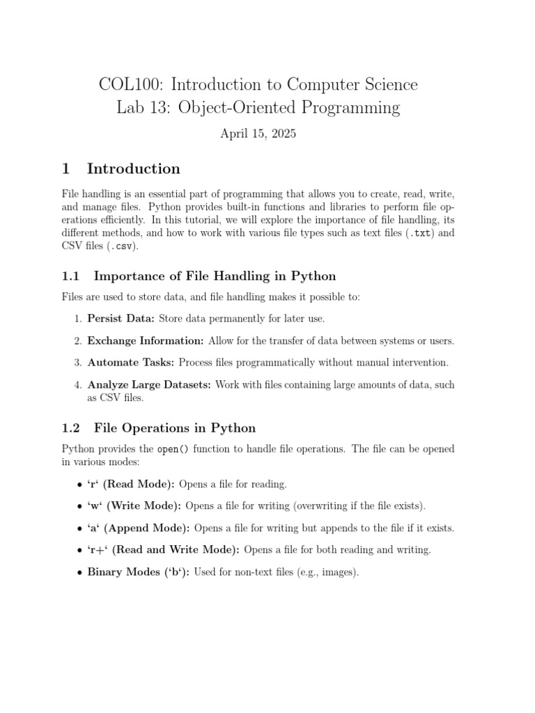 2024 25 COL100 Lab 13 File Handling | PDF | Comma Separated Values | Computer File