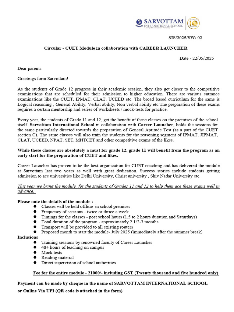 Circular for CUET classes 2025 | PDF | Qualifications | Educational Stages