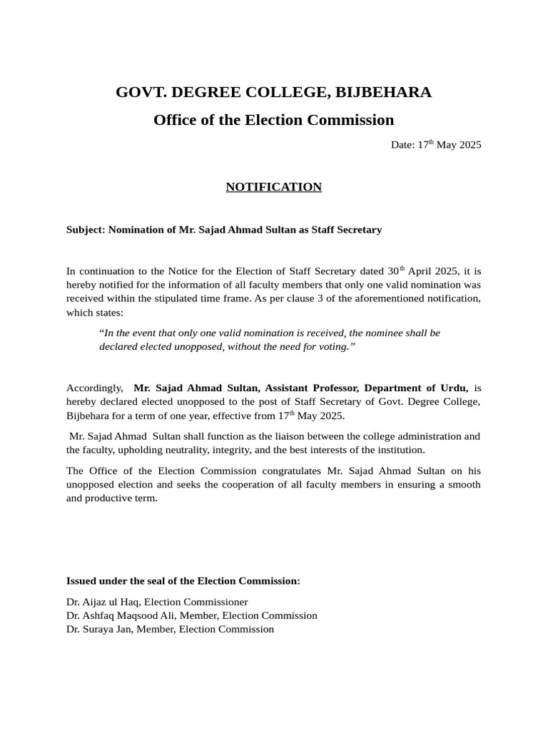 Mr. Sajad Ahmad Sultan Elected Staff Secretary | PDF