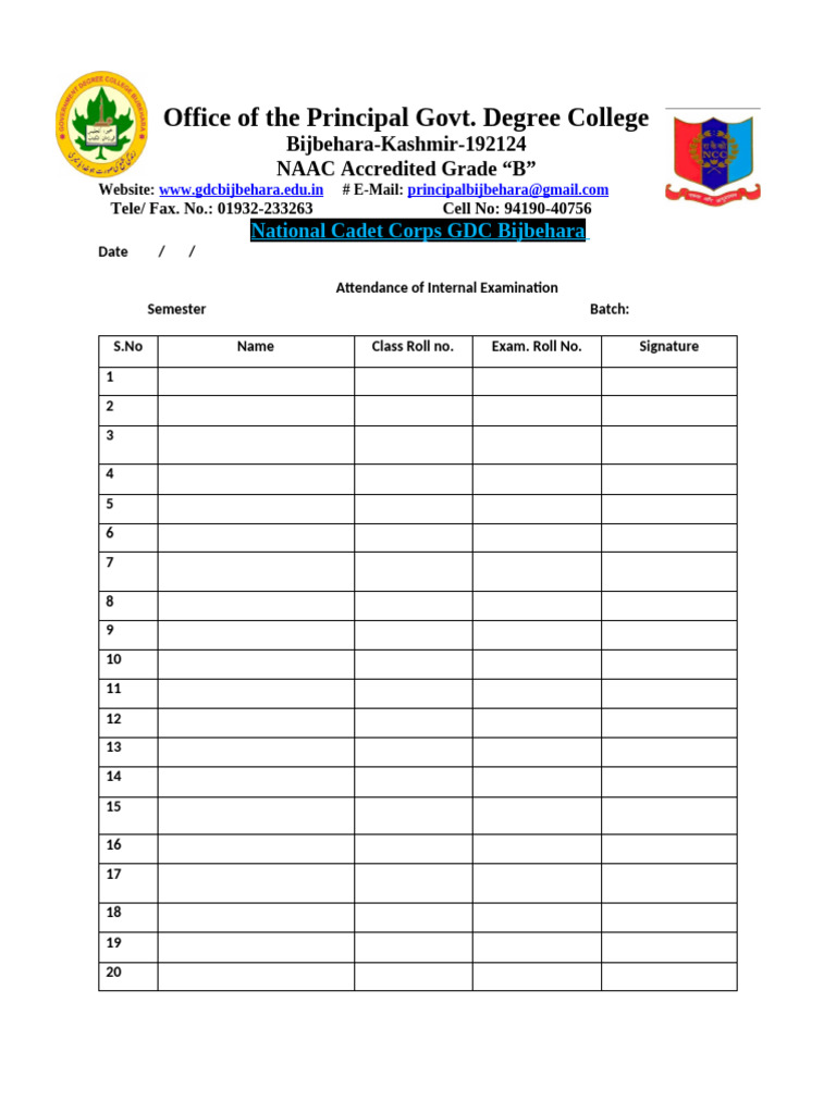 Internal Exam Attendance Sheet | PDF