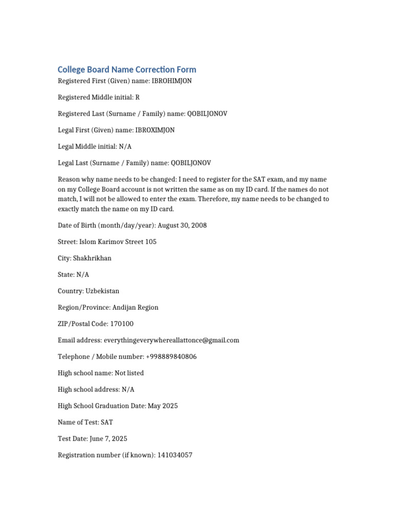 College Board Name Correction Form | PDF