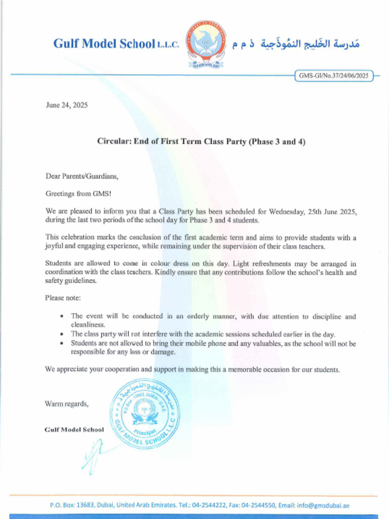 Circular Phase 3 & 4 End of First Term Class Party | PDF