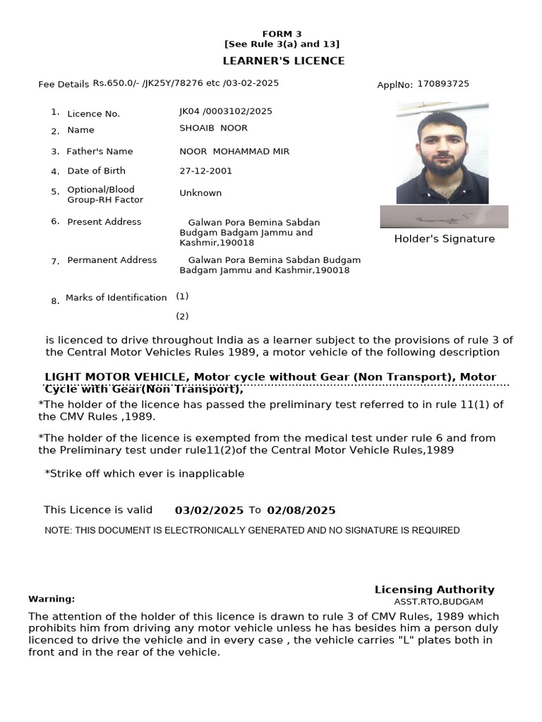Learner'S Licence: Form 3 (See Rule 3 (A) and 13) | PDF | Driving ...
