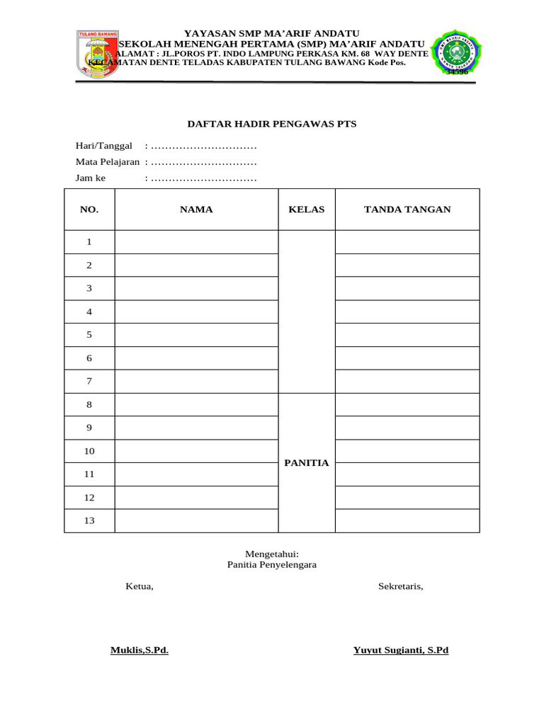 Daftar Hadir Pengawas Dan Peserta Lus | PDF