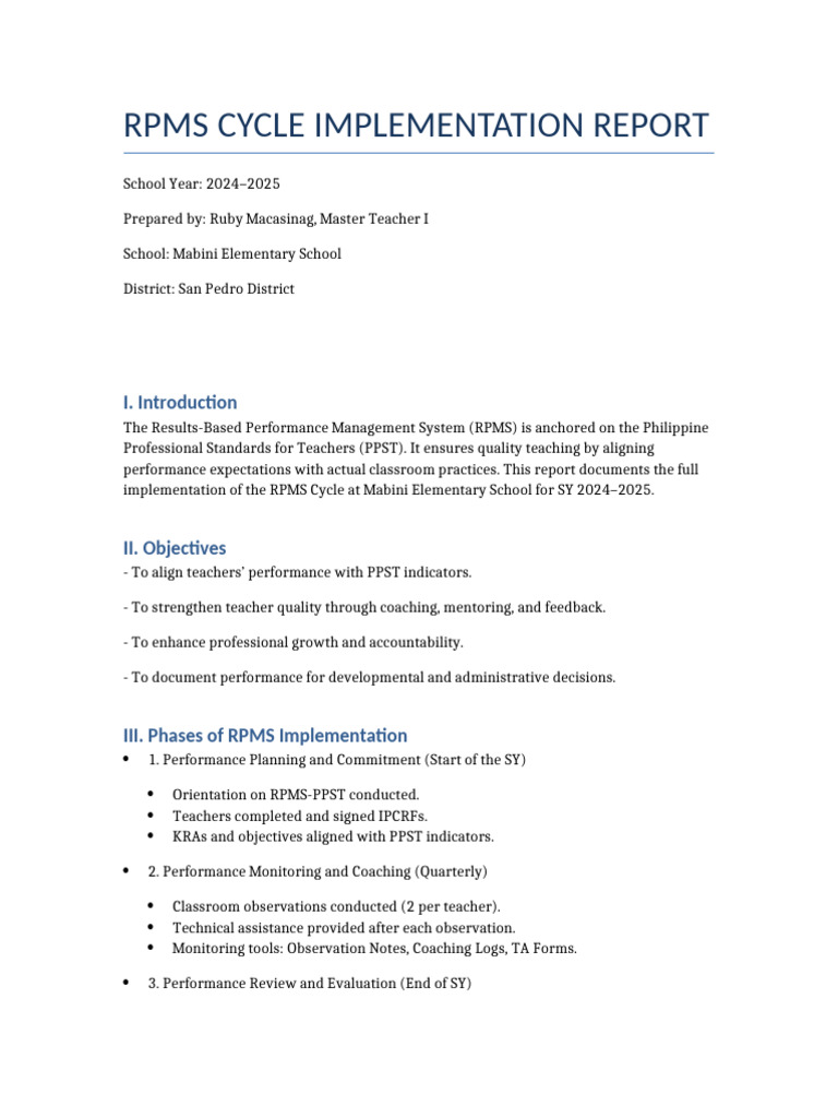 RPMS Cycle Implementation Report With Table | PDF | Teachers | Learning