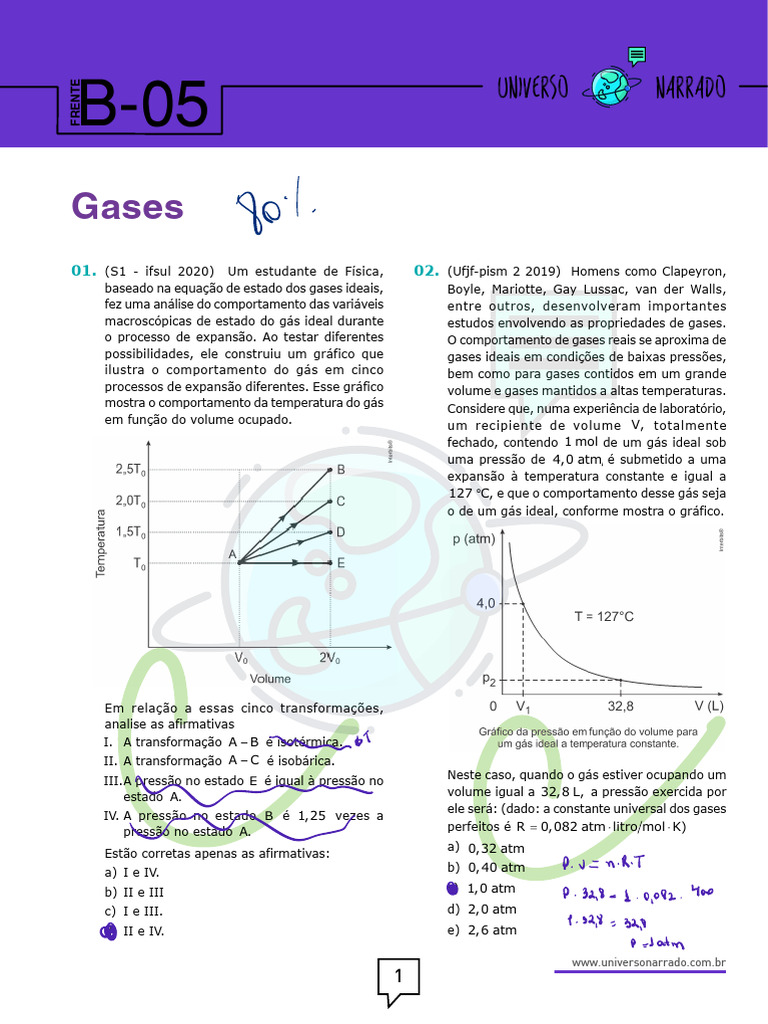 Finalizado B05 - Exercícios Gases | PDF | Gases | Temperatura
