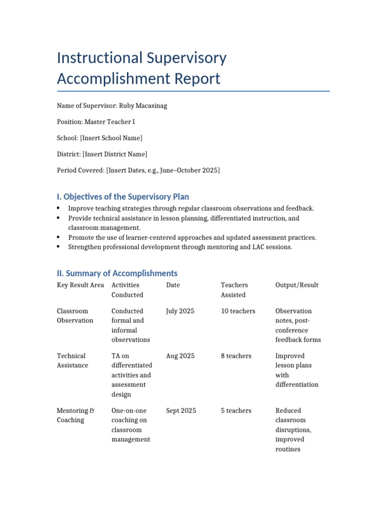 Supervisory Accomplishment Report | PDF | Teachers | Mentorship
