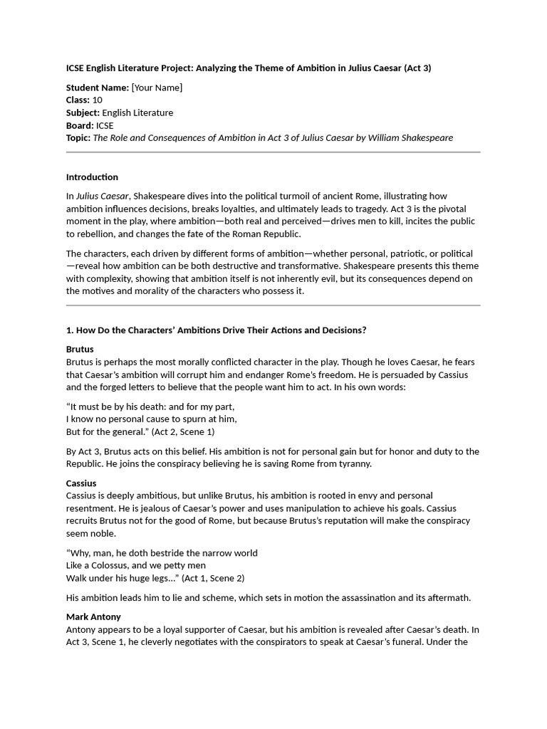 ICSE English Literature Project | PDF | Mark Antony | Julius Caesar