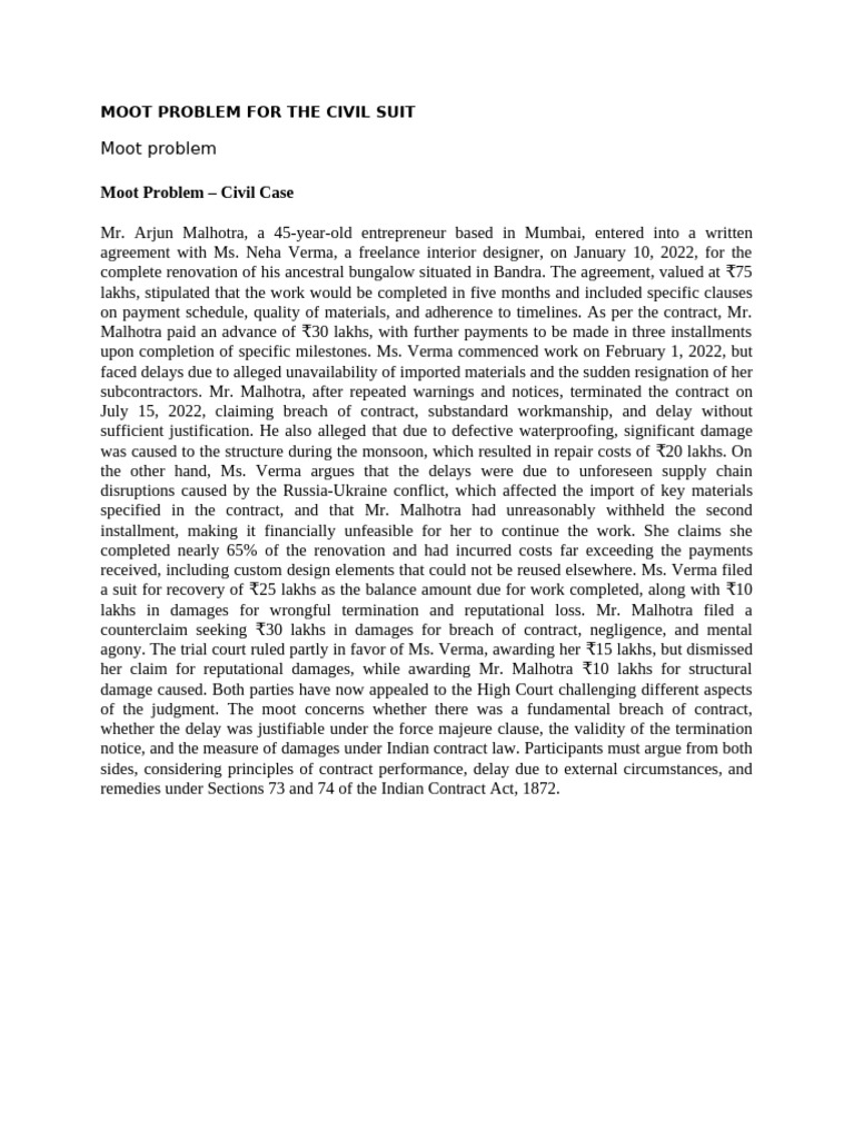 Civil Suit Moot Problem Analysis | PDF | Damages | Lawsuit