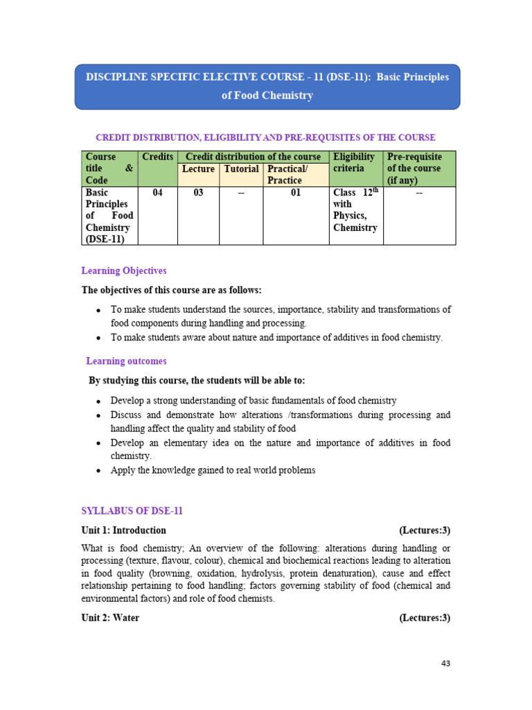 Food Chemistry Course Syllabus | PDF | Taste | Foods