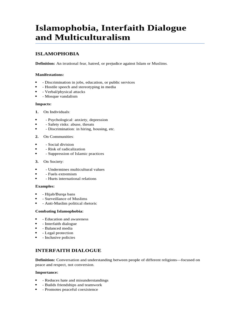 Islamophobia Interfaith Multiculturalism Summary | PDF | Islamophobia | Discrimination & Race ...