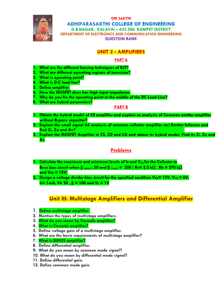 EC3353 - EDC Question Bank For Model Exam 1 | PDF | Amplifier | Electronic Oscillator