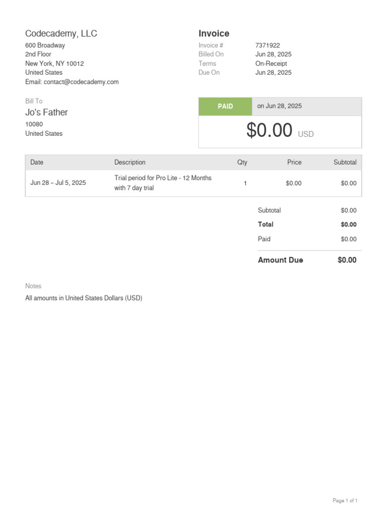 Codecademy, LLC: Invoice | PDF