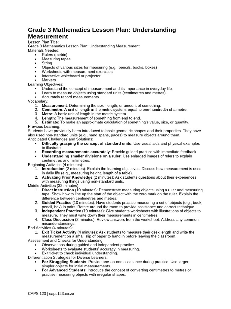 Grade 3 Mathematics Lesson Plan Understanding Measurement | PDF ...