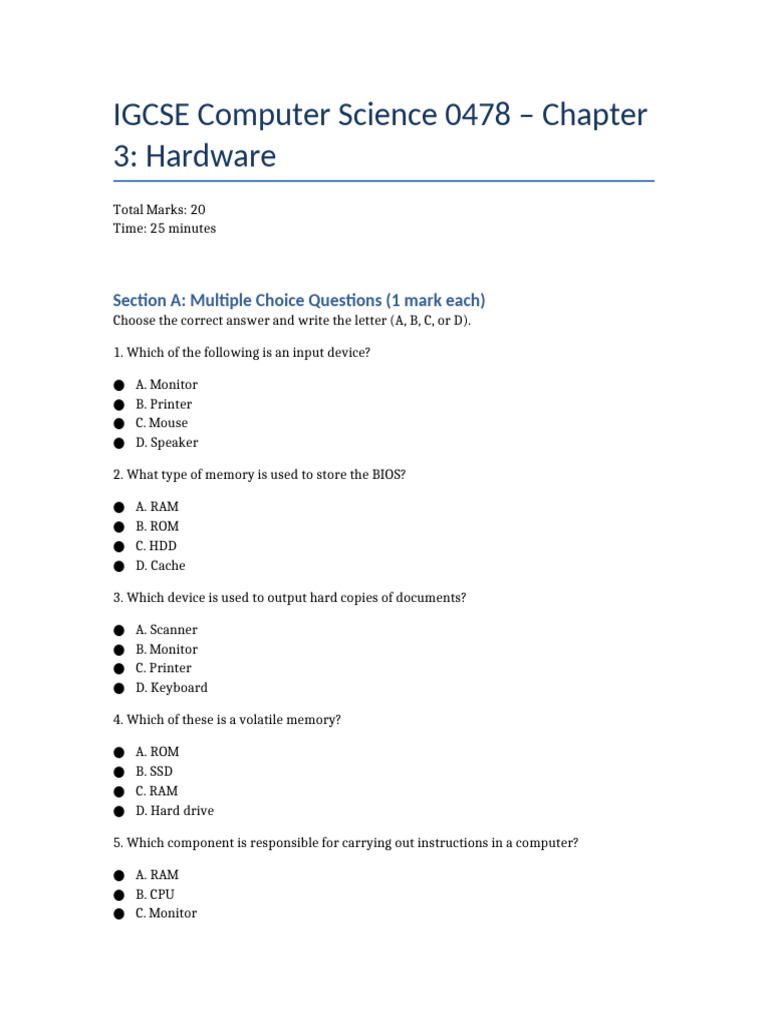 IGCSE CS 0478 Chapter3 Hardware Test | PDF