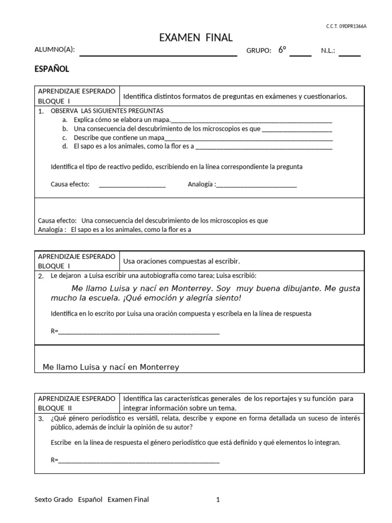 Examen Final de Español 6° Grado | PDF | Lingüística