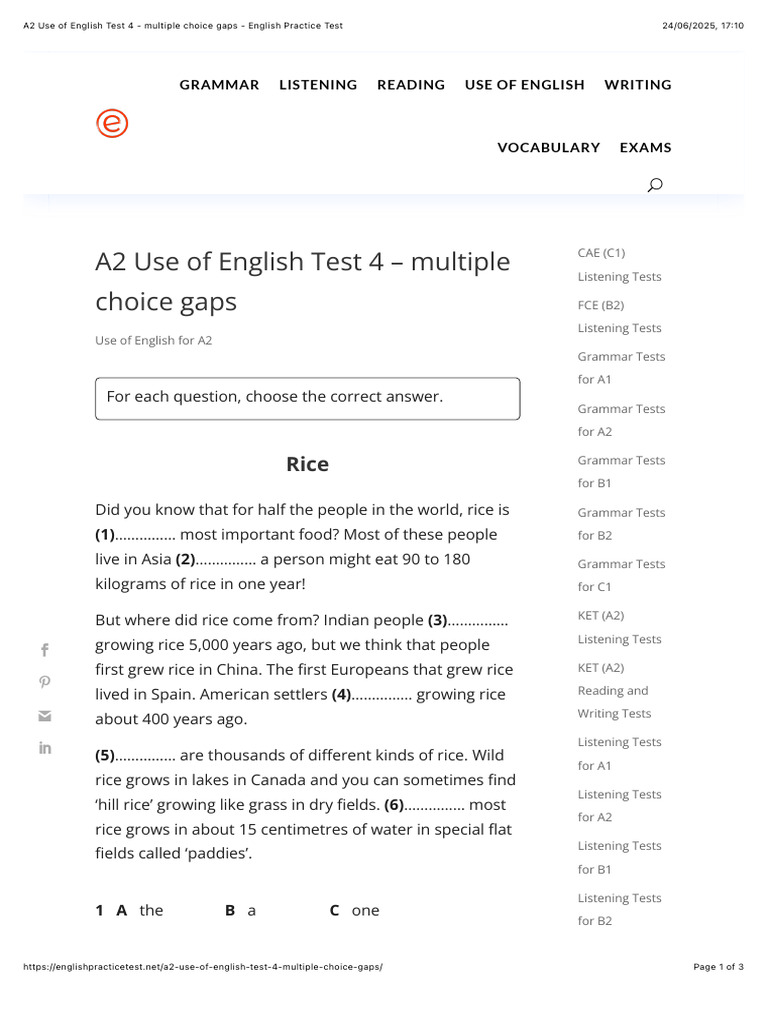 A2 Use of English Test 4 - Multiple Choice Gaps - English Practice Test ...
