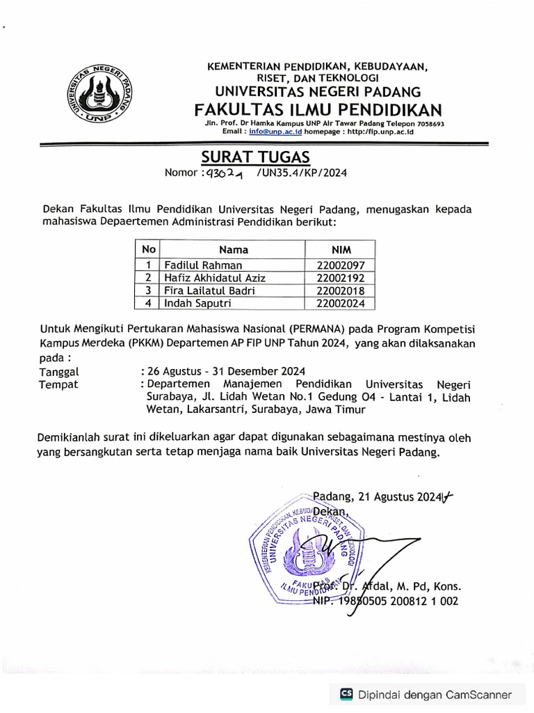 Surat Tugas Permana Unesa | PDF