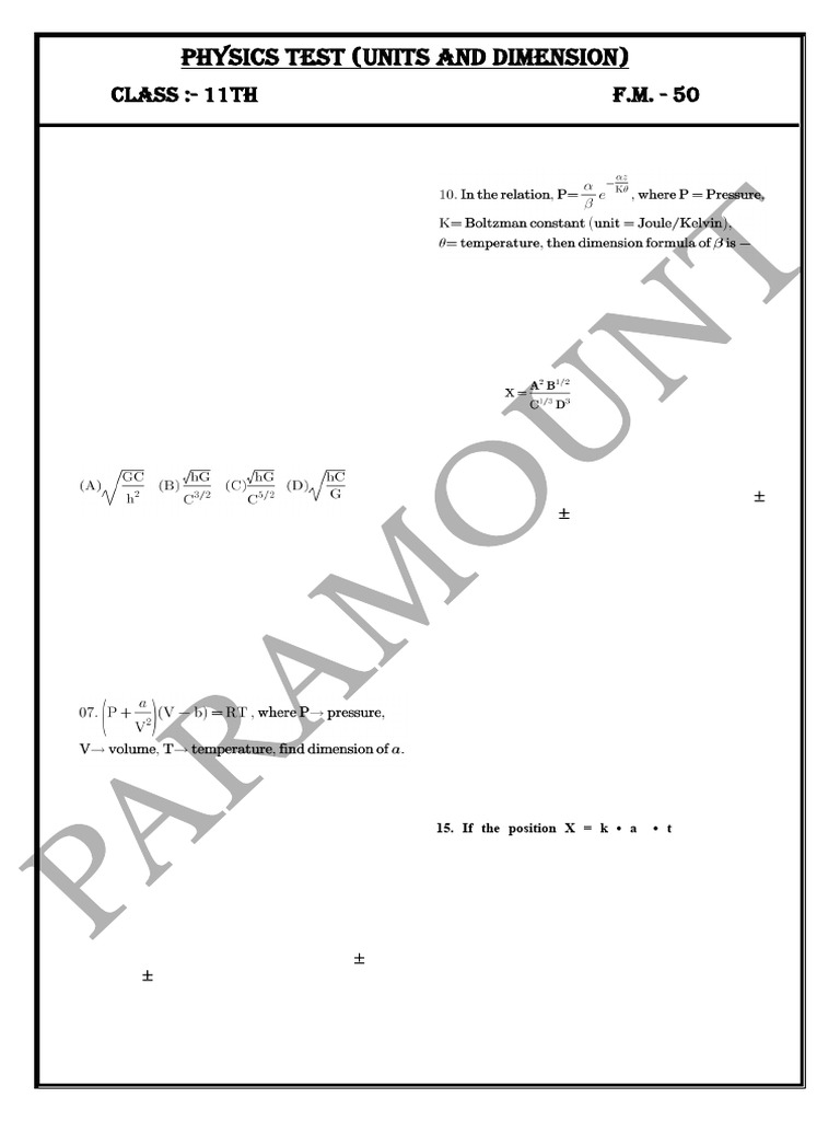 Class 11th Units and Dimension Test | PDF | Theoretical Physics ...