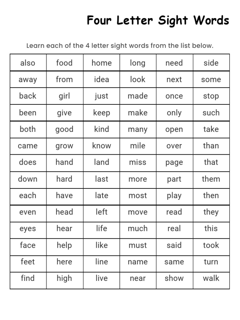 GLT Four Letter Sight Words | PDF