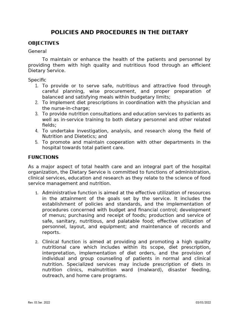 Dietary Service Policies and Procedures | PDF | Dietitian