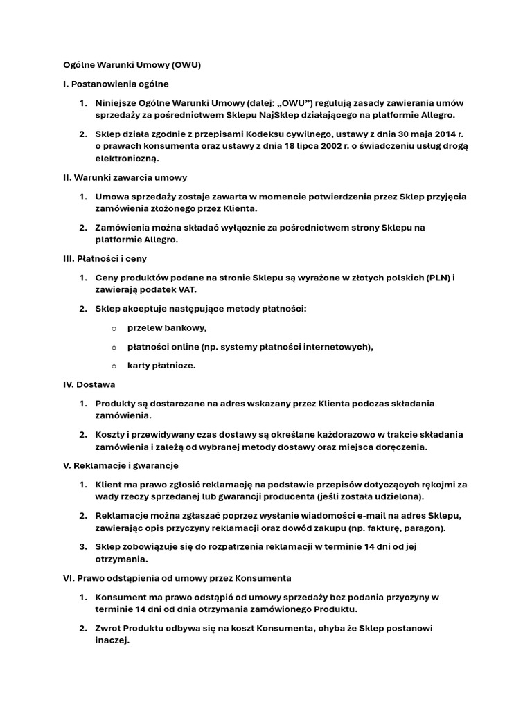 Ogólne Warunki Umowy | PDF