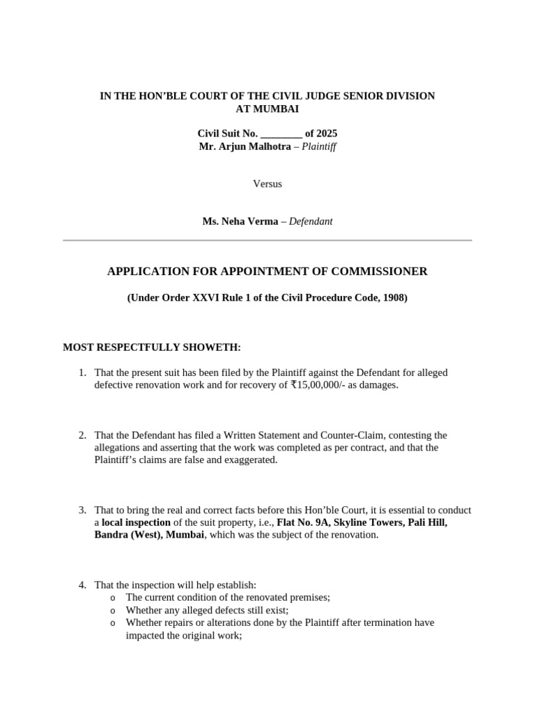 Application For Appointment of Commissioner Under Order XXVI Rule 1 of ...
