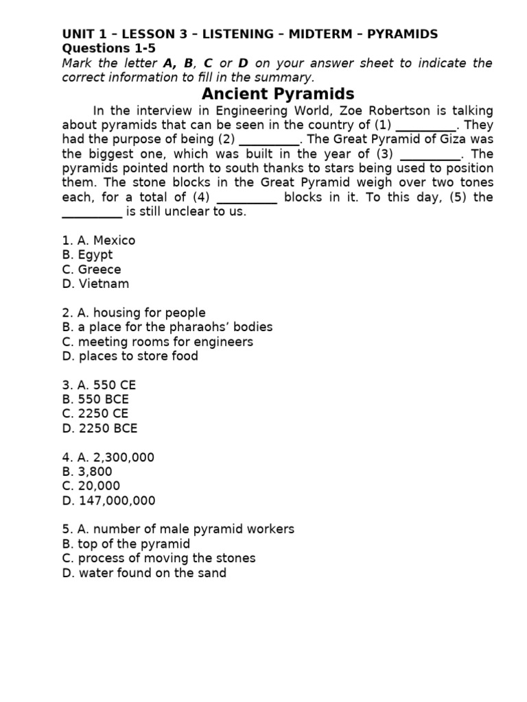 Midterm - Listening - U1 - L3 - PYRAMIDS | PDF