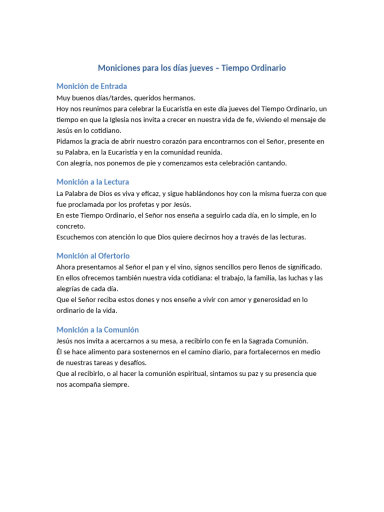 Moniciones Jueves Tiempo Ordinario | PDF