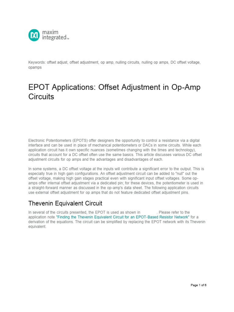 Maxim Integrated AN803 - Offset Adjust in Op Amps Circuit | PDF | Operational Amplifier | Amplifier