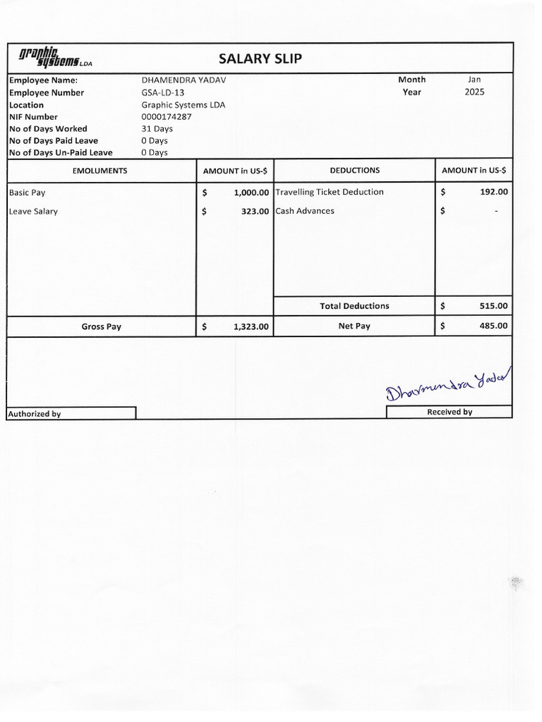 Dhamendra Yadav Payslip Jan-2025 | PDF