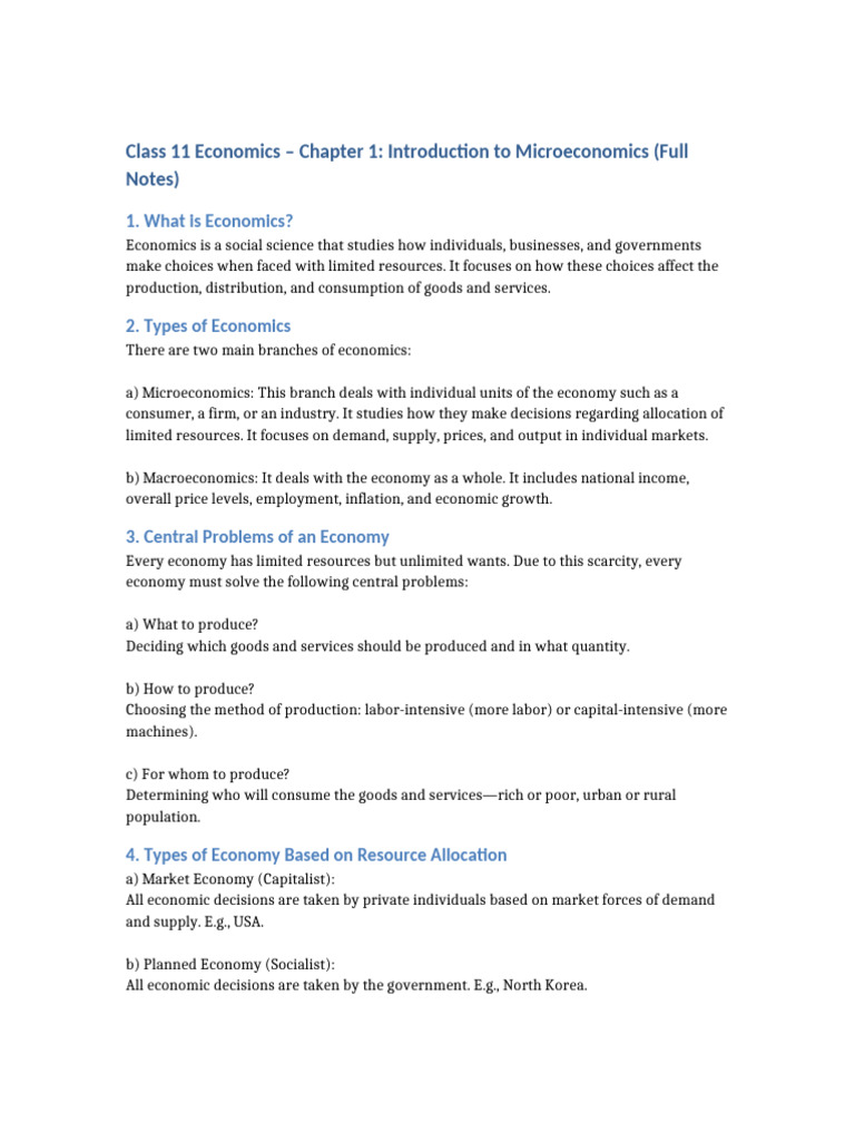 Class 11 Economics Chapter 1 Microeconomics Full Notes | PDF ...