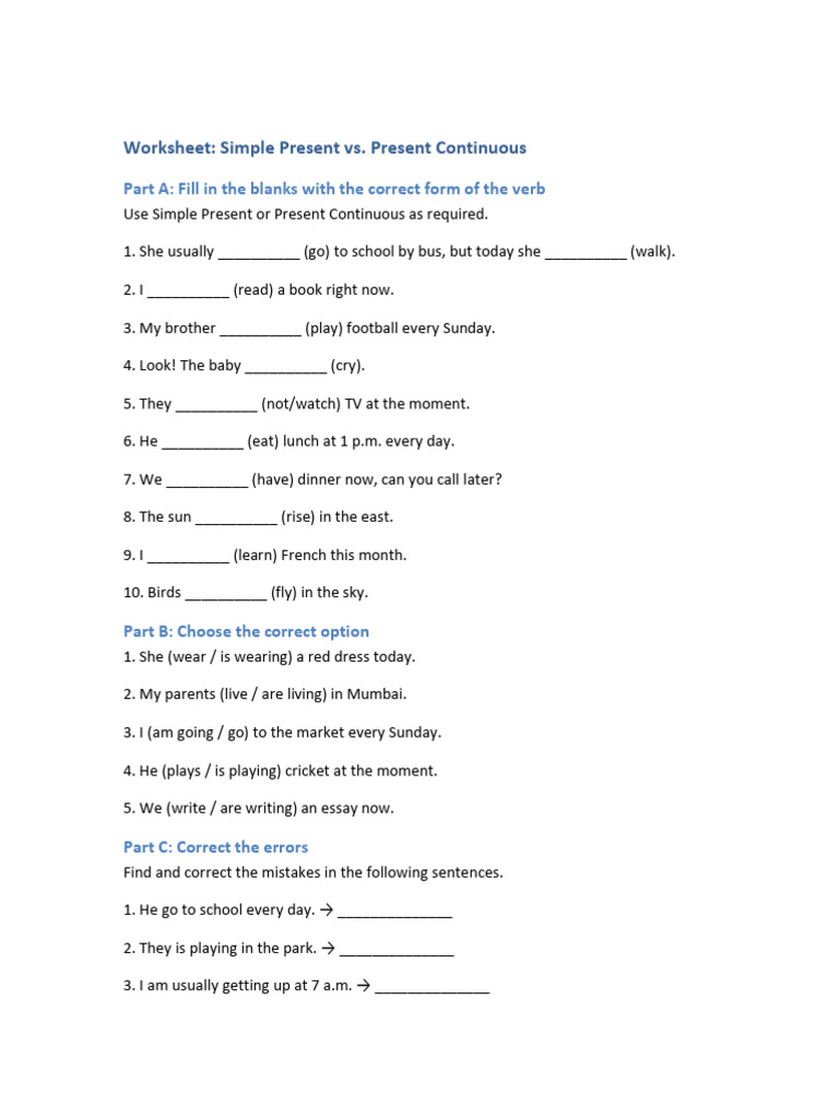Simple Present vs. Present Continuous Worksheet | PDF