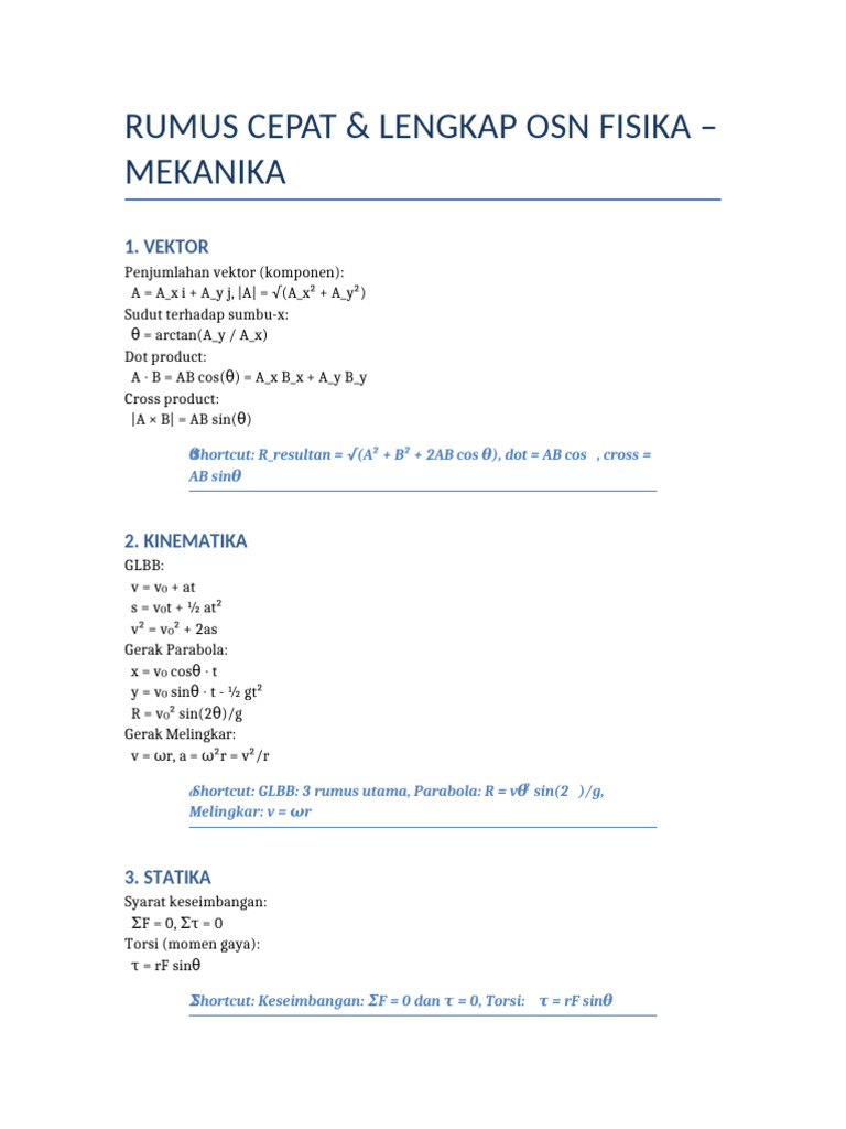 Rumus OSN Mekanika Lengkap | PDF