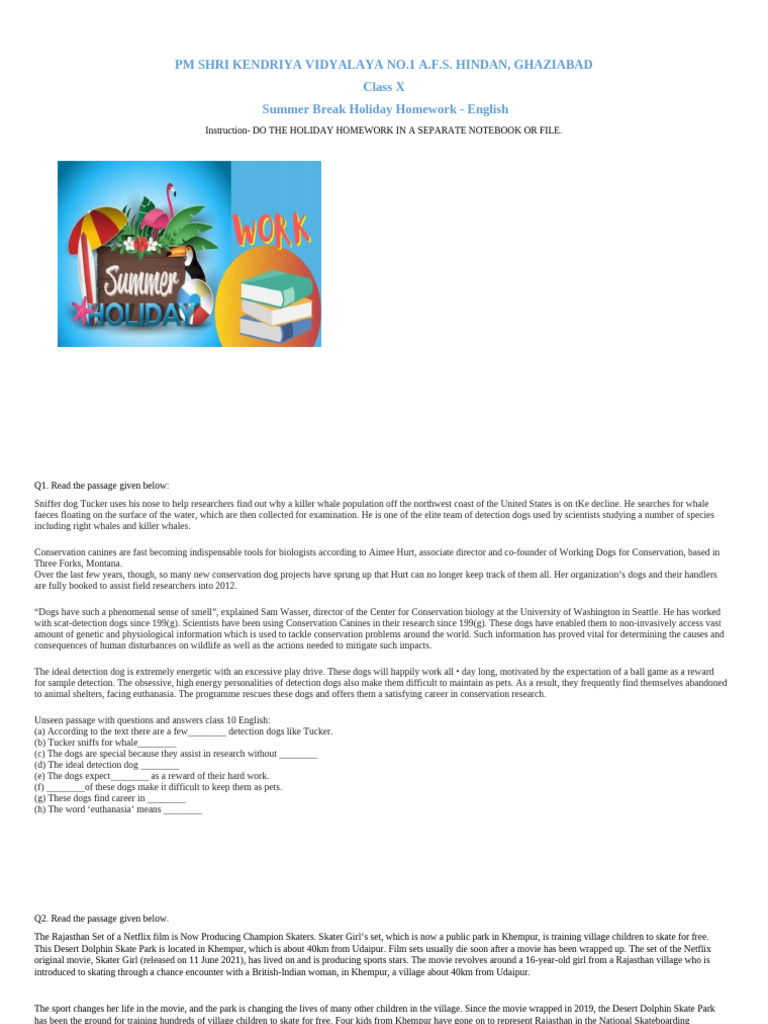 Class X Summer Break HHW | PDF