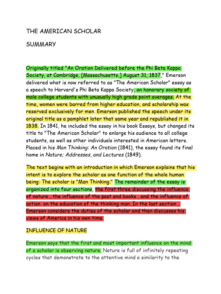 Emerson's "The American Scholar" Explained | PDF | Ralph Waldo Emerson ...
