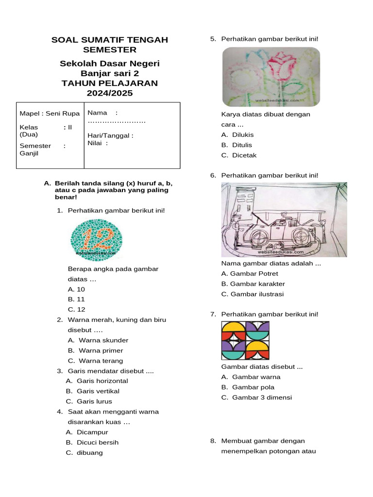 Soal STS 1 Seni Rupa Kelas 2 Bu Caca | PDF