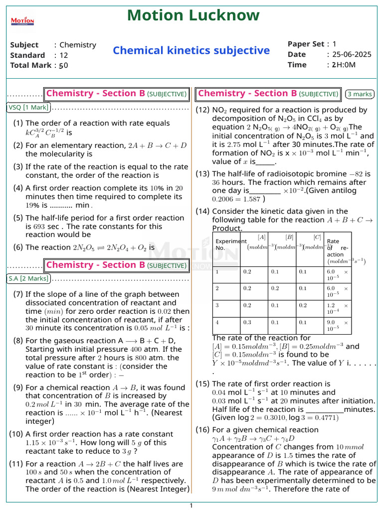 Chemical - Kinetics - Subjective - Test - 22nd June | PDF