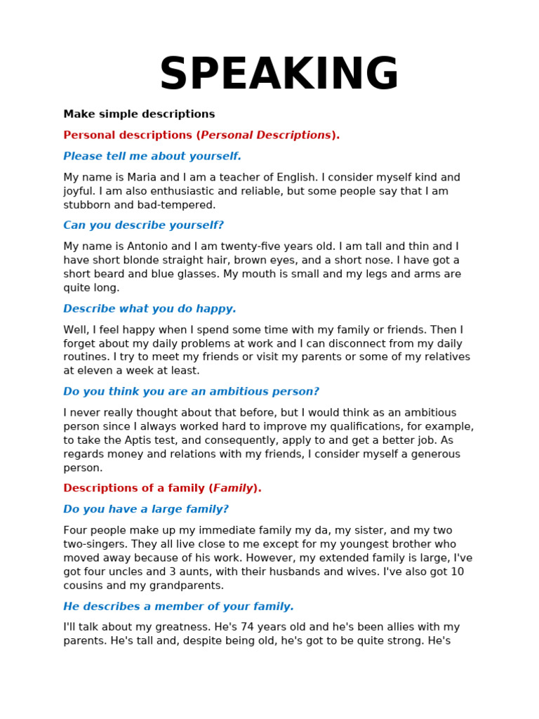 APTIS ESOL - Speaking Part 1 Topics and Sample Answers (New) | PDF | Ho ...