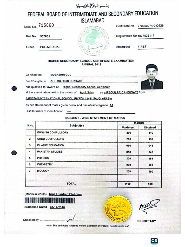 FSC HSSC Certificate Degree Stamp | PDF